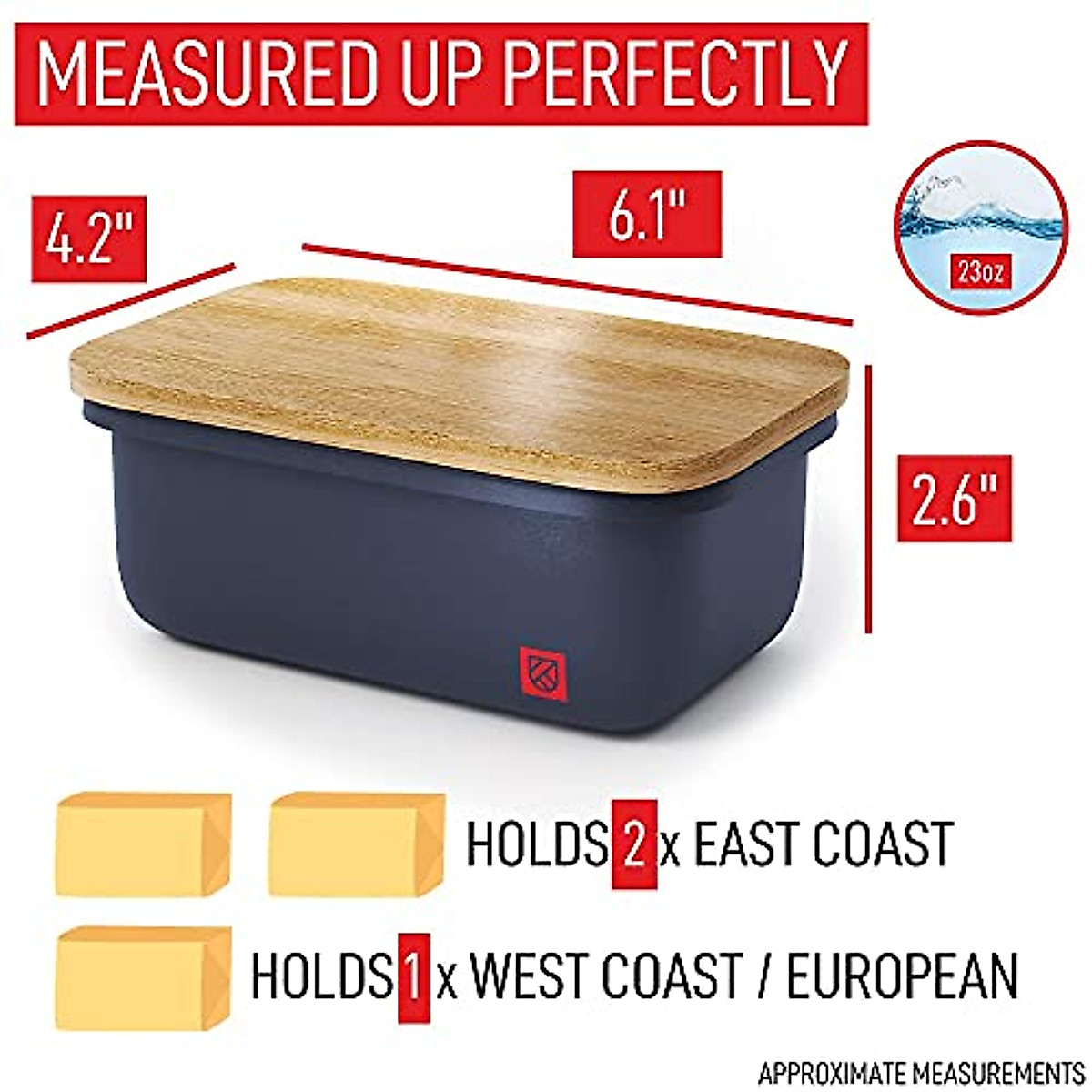 Farmhouse Butter Dish with Lid for Countertop - Butter Stick Holder Container with Freshness Seal - Bamboo Lid Cutting Board Butter Keeper - Butter Crock for Counter - Covered Butter Dish - Gray -23oz