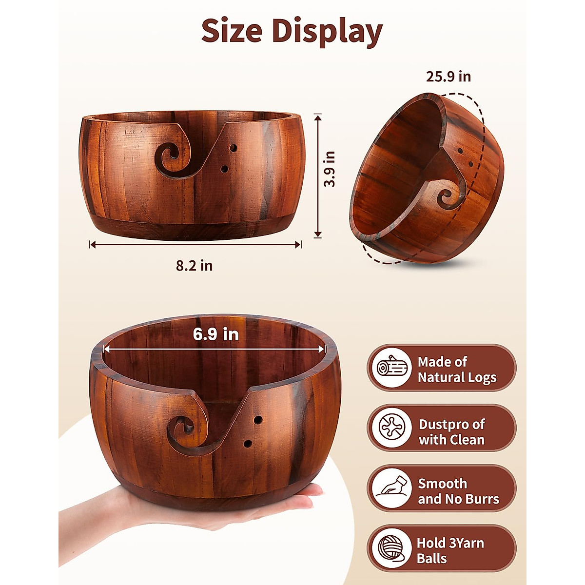 Large Yarn Bowl Holder, 8.7''Knitting Bowl with 9pcs Crochet Hooks, Wooden Yarn Holder Dispenser Yarn Storage Bowls for Crocheters Knitters Craft (Brown 8.7inch)