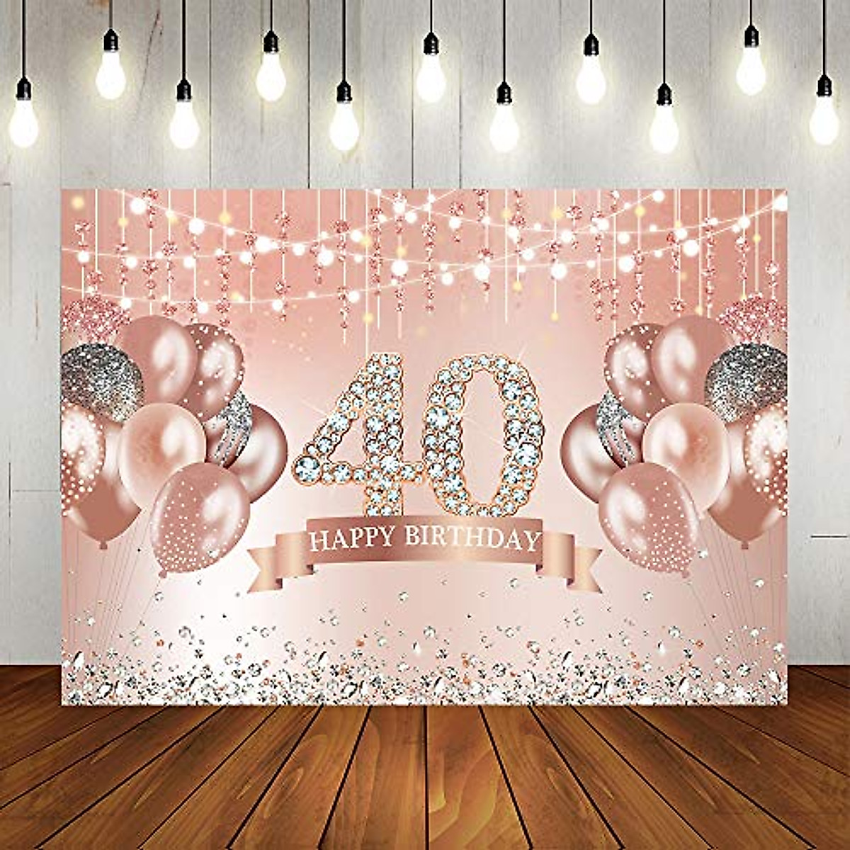 Lofaris Rose Gold Happy 40th Birthday Backdrop Shiny(Not Gliiter) Diamonds and Balloons Lights Birthday Background Forty Years Old Age Women Birthday Party Decorations Cake Table Banner 7x5ft Vinly
