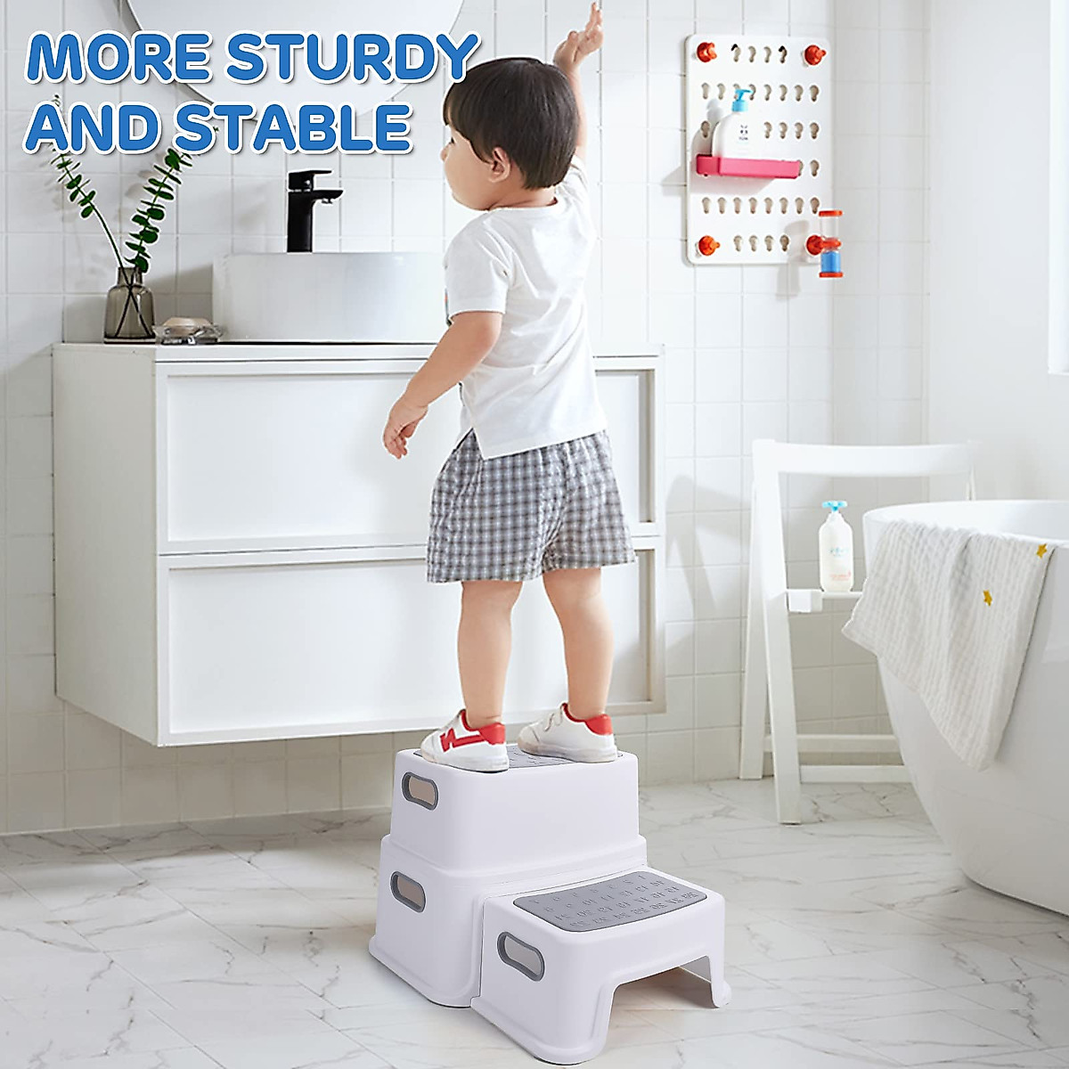 Two Step Stool for Kids with 2 PCS Faucet Extender, Babevy Toddler Step Stool for Potty Training, with Numbers/ABC and Handles, Anti-Slip Double Up Child Stool for Bathroom, Kitchen, Toilet (Grey)