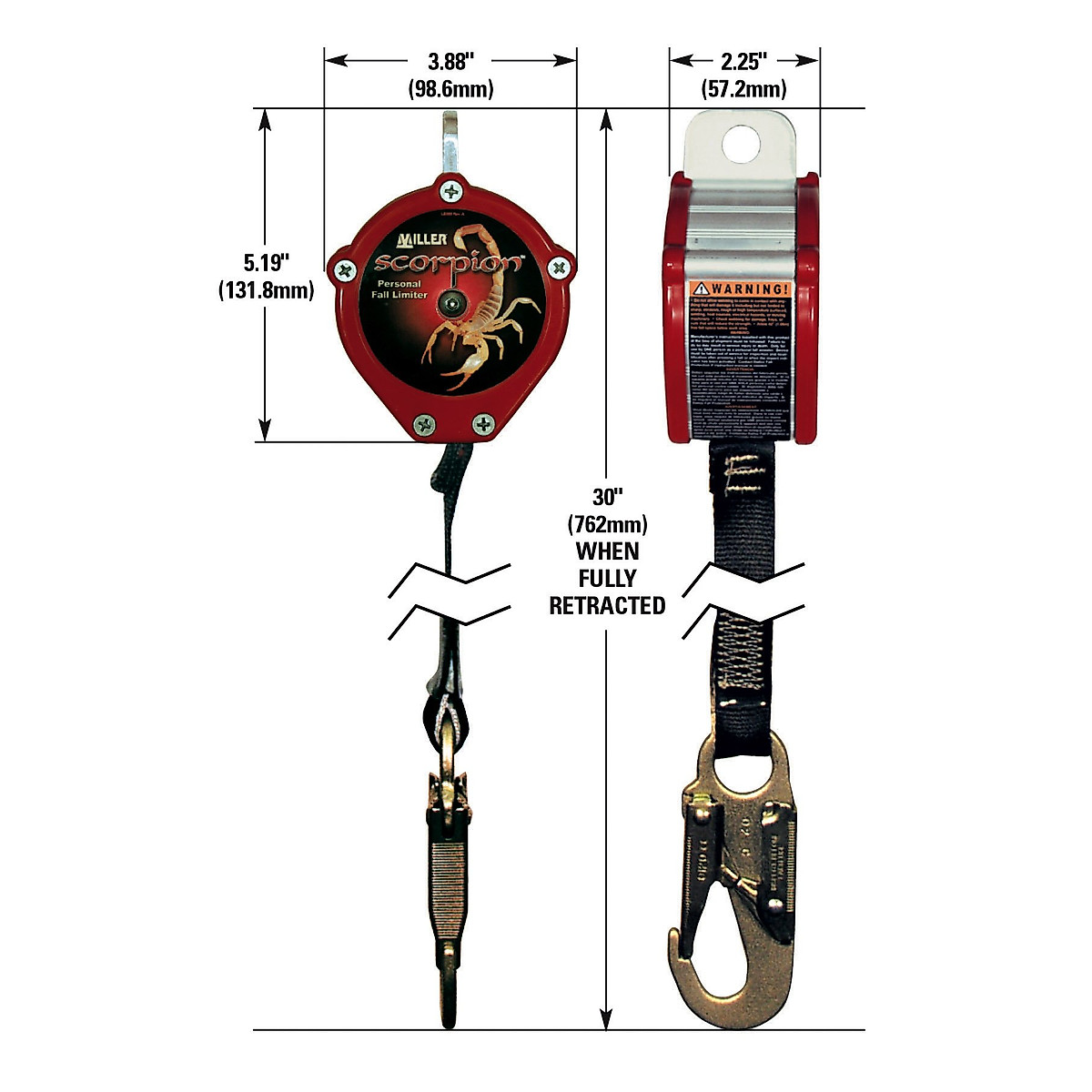 Miller PFL-4/9FT Scorpion 9-Foot Personal Fall Limiter with Carabiner and Swivel Shackle, Red