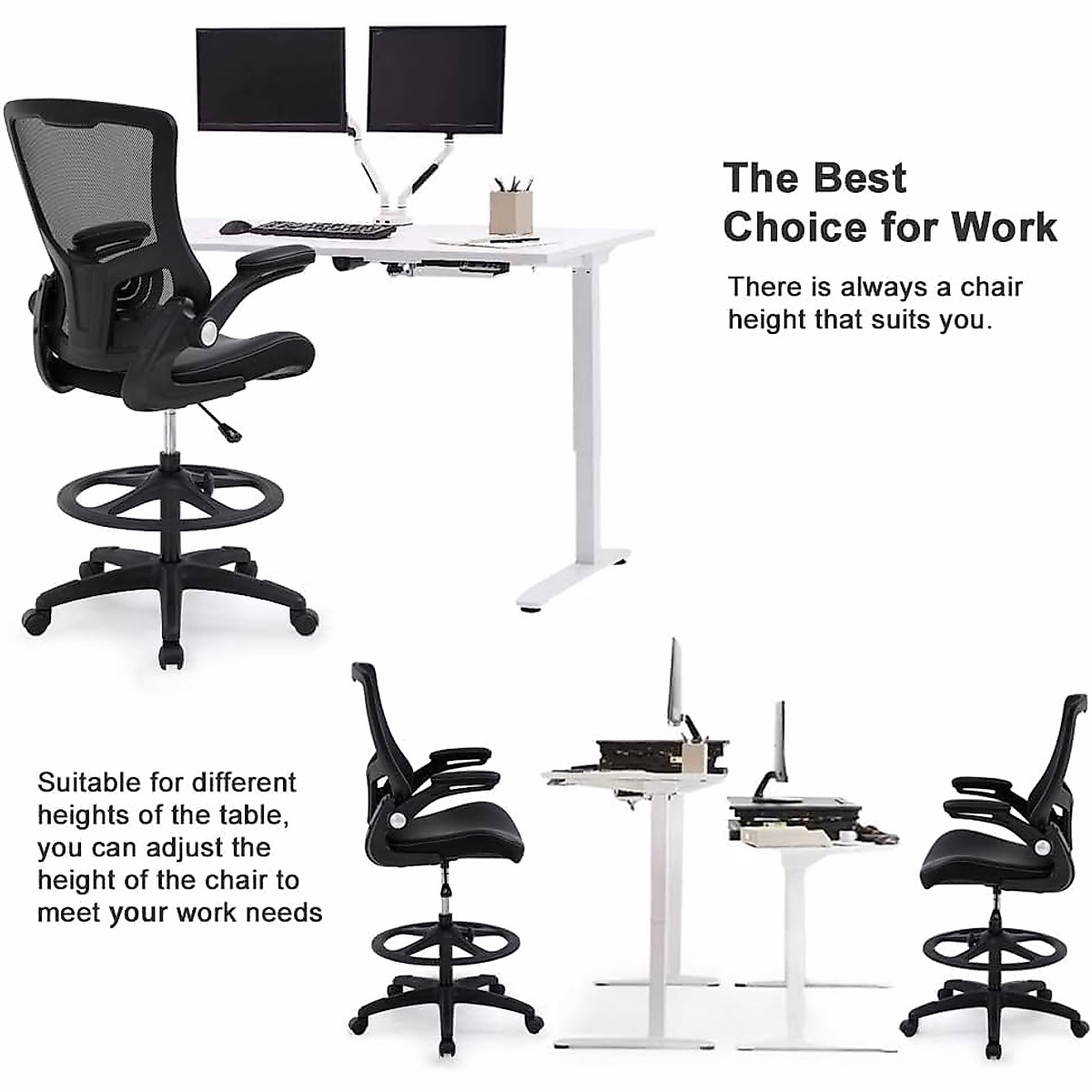 Drafting Chair Ergonomic Tall Office Chair Standing Desk Chair with Flip Up Arms Foot Rest Back Support Adjustable Height Mesh Drafting Stool, Black