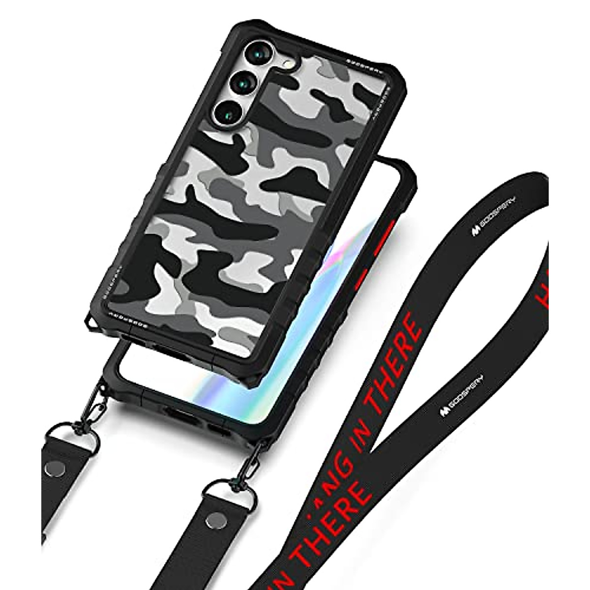 GOOSPERY Z Bumper Crossbody Compatible with S23 Plus Case [Strap Included] Shock Absorbing Dual Layer Structure TPU Edge Crystal Clear PC Cover with Shoulder Strap Outdoor Design, Camo