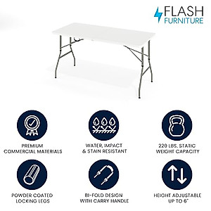 Flash Furniture Kathryn 5' Rectangular Plastic Folding Event Table with Carrying Handle, Bi-Fold Portable Banquet Table for Indoor/Outdoor Events, White