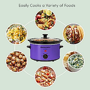 Elite Gourmet MST-275XP# Electric Oval Slow Cooker, Adjustable Temp, Entrees, Sauces, Stews & Dips, Dishwasher Safe Glass Lid & Crock (2 Quart, Purple)