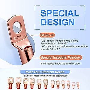 240pcs Copper Wire Lugs Battery Terminals Battery Cable Ends, AWG 2 4 6 8 10/12 Gauge Wire Connectors, 110Pcs Wire Lugs Terminal Connectors with 130Pcs Heat Shrink Tubing for Marine Electrical