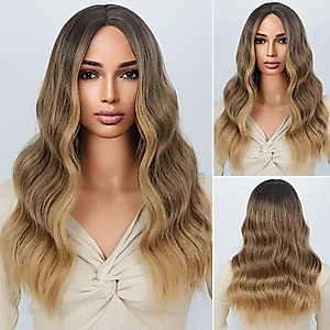 AISI QUEENS Long Wavy Ombre Wig Brown Mixed Blonde Synthetic Middle Part Wigs for Women Heat Resistant Hair Replacement Wigs for Daily Wear 20 Inch