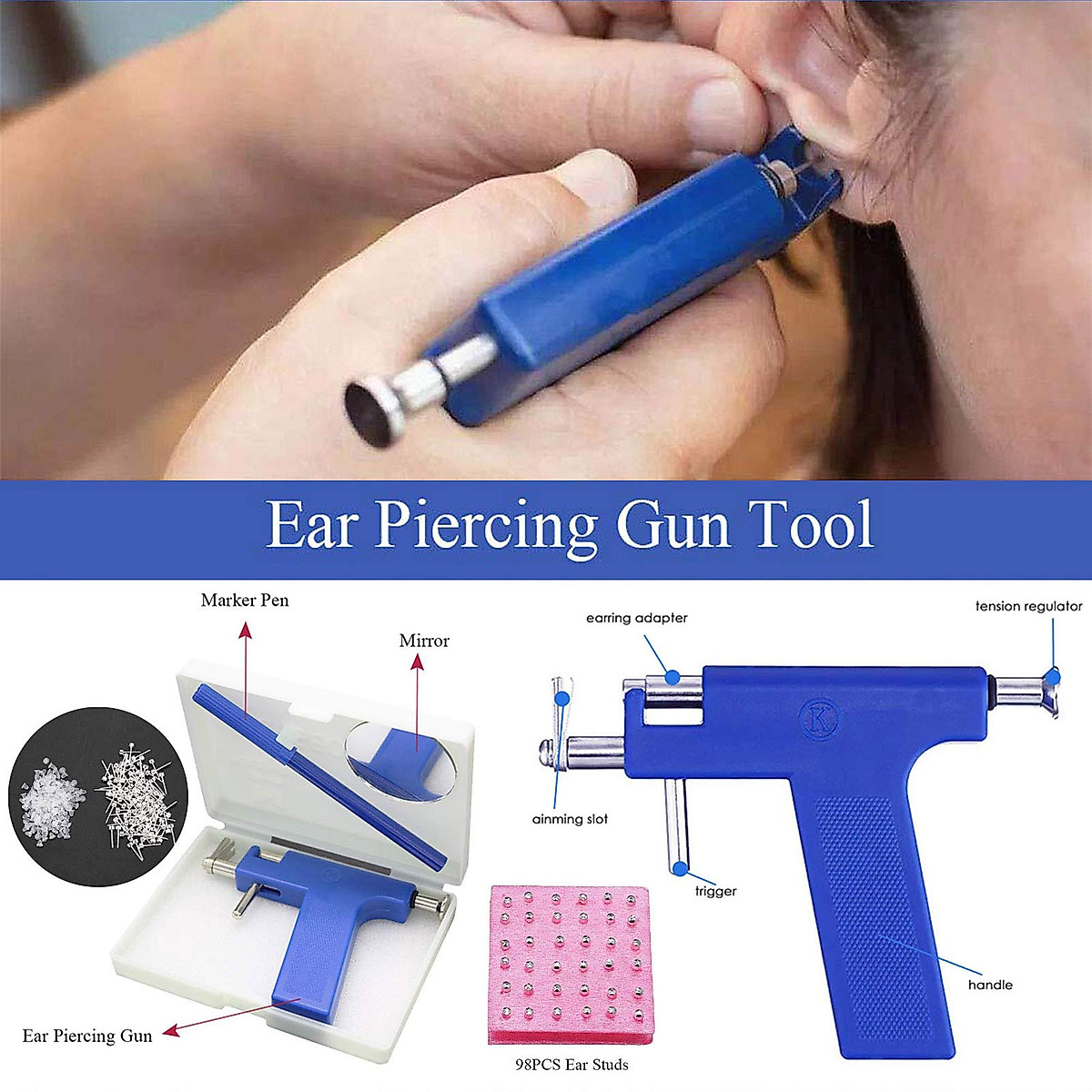 Rudenkoo Ear Piercing Tool Kit, 98Pcs Ears Nose Navel Lip Piercer Machine Studs, Stainless Steel Body Hole Piercing Guns Stud Earrings