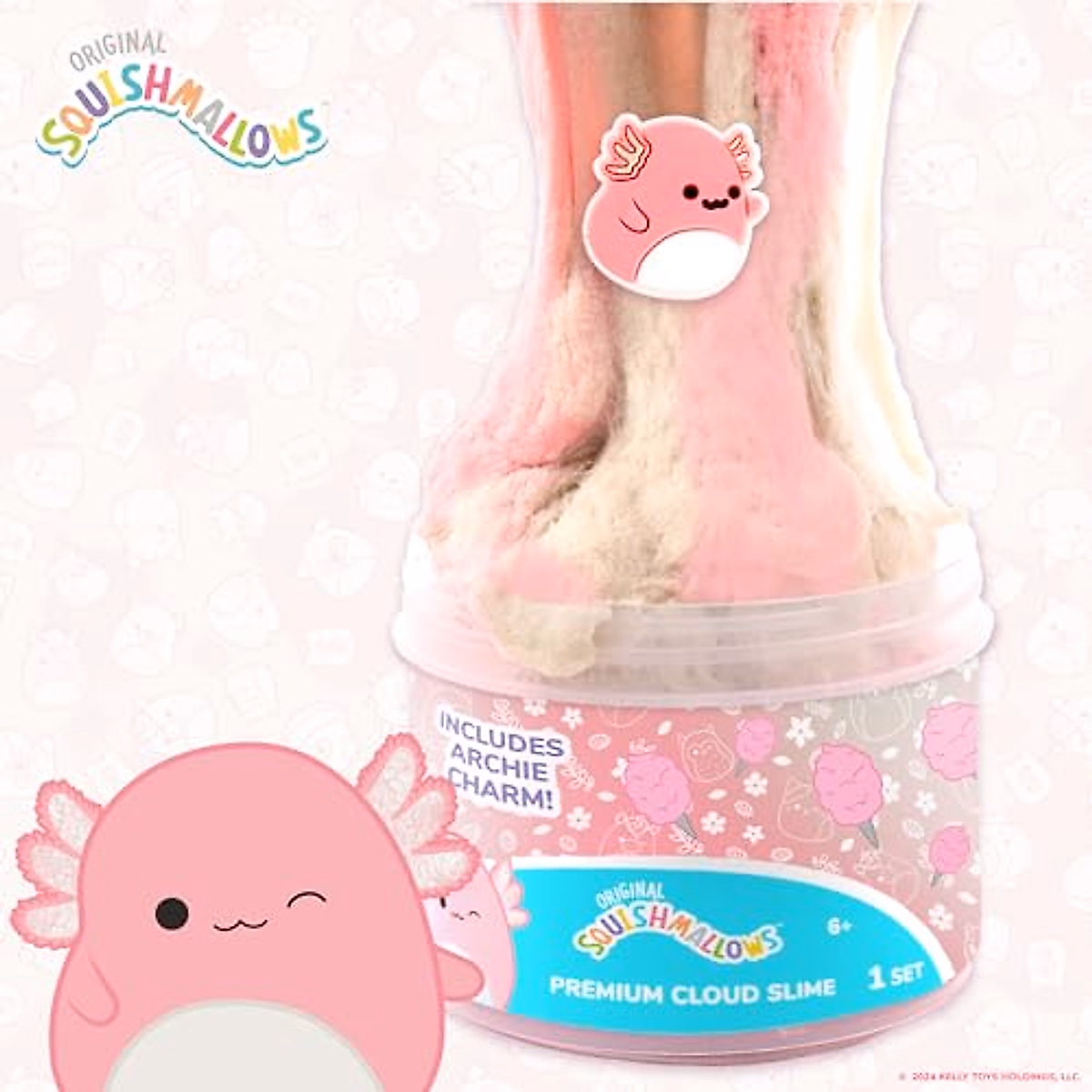 Original Squishmallows Archie The Axolotl Premium Cloud Slime, 8 oz. Fluffy Slime, Cotton Candy Scented, 3 Fun Slime Add Ins, Pre-Made Slime for Kids, Great 6 Year Old Toys, Super Soft Sludge Toy