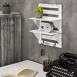 MyGift 2-Tier Whitewashed Wood Wall Mounted Shelf Rack with Key Hooks, Entryway Storage Display Shelves, Bathroom Shelving and Towel Hooks, 7 x 13-Inches