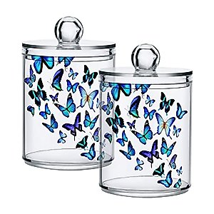 ZOEO Bathroom Canister Set of 2, Butterfly Dream Magic Blue Clear Plastic Jars Holder Dispenser Farmhouse Sugar Storage Countertop With Airtight Lids, Kitchen Theme Decor