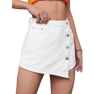 SweatyRocks Women's Casual High Rise Button Front Wrap Denim Skort Skirt with Pocket White 30