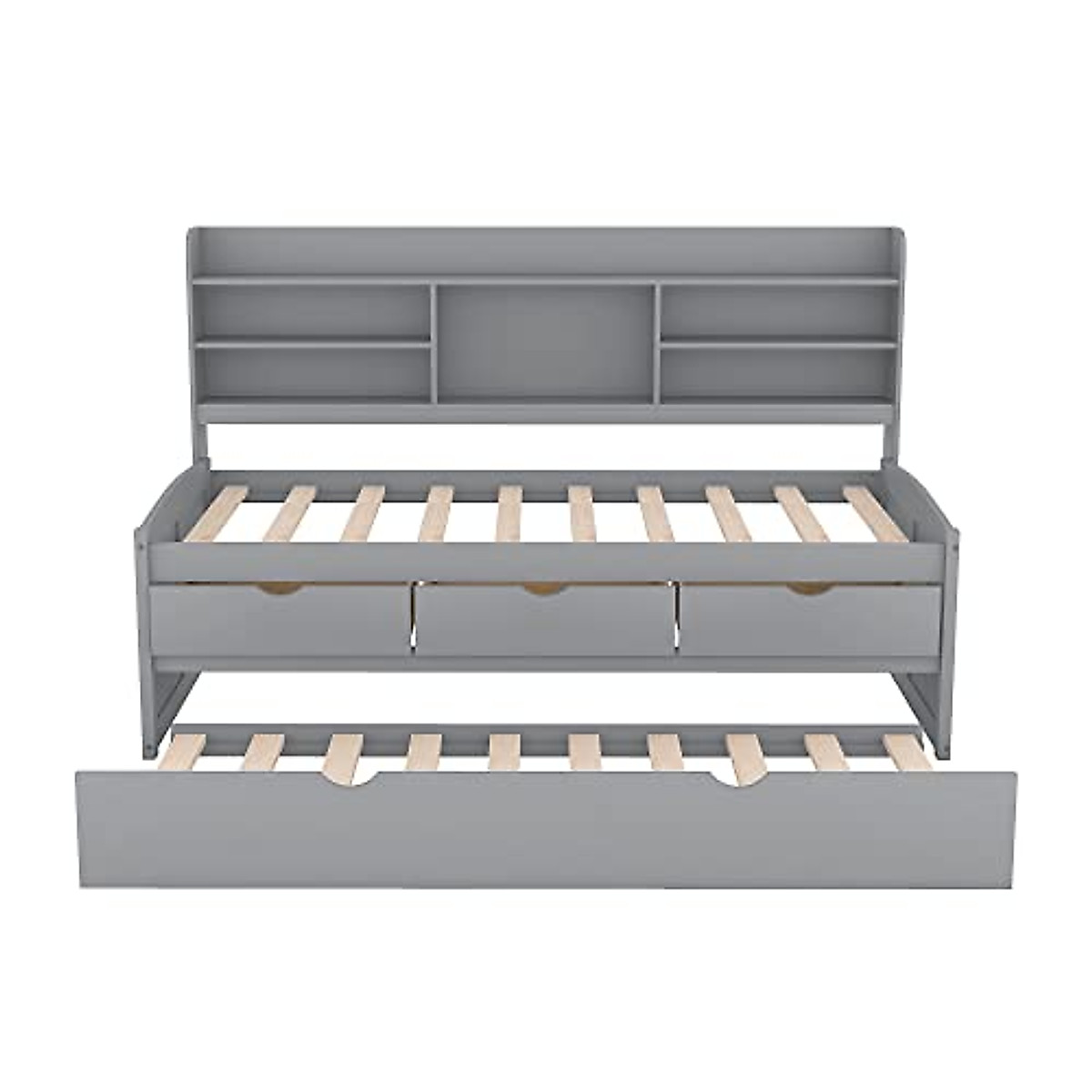 BOVZA Twin Size Captain Bed with 3 Storage Drawers and Trundle, Wood Twin Bed Frame with Built-in Bookshelves for Kids Teens Adults, Light Gray