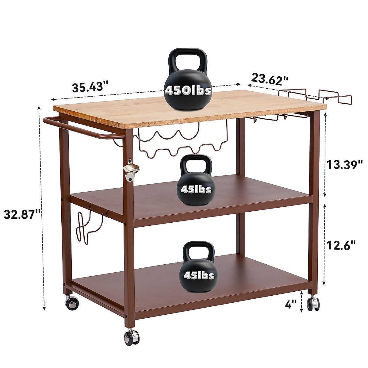 kognita Pizza Oven Table 35.5" Outdoor Grill Table with 4 Wheels, Rubberwood Outdoor Bar Cart Dining Prep Table with Wine and Glasses Rack,Garbage Bag Holder,Bottle Opener and Gas Tank Hook