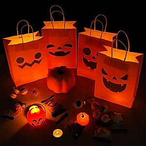 NiHome 16-Pack Halloween Pumpkin Kraft Paper Treat Bags with Handles - Assorted Jack-o'-lantern Designs for Trick or Treat, Party Favors, Candy, Cookies, and Gifts