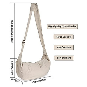 Large Hobo Bag for Women Men, Nylon Crossbody Bag Adjustable Strap Shoulder Bag for School Sport Causal Travel Hiking(Beige)