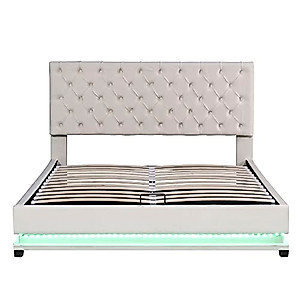 SOFTSEA Queen Size Lift Up Storage Bed with LED Lights, Velvet Upholstered Platform Bed with Adjustable Headboard, Hydraulic Storage Platform Bed for Kids Adults (Beige)