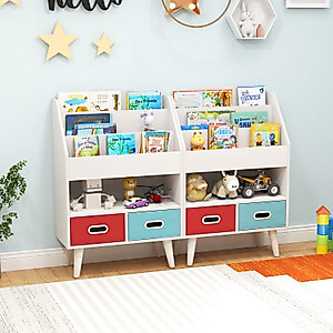 Costzon Kids Bookshelf, 5-Tier Wooden Children’s Book Rack with 2 Cube Bins for Books and Toys, Montessori Bookshelf for Toddlers, Kids Bookcase for Playroom, Nursery, Classroom (White)