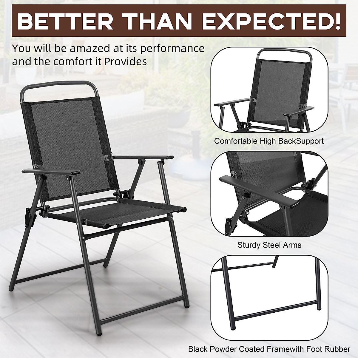 Vongrasig Folding Patio Dining Chairs Set of 4, Small Metal Outdoor Sling Chairs, Patio Furniture Set 4 Folding Chairs for Lawn, Garden, Deck, Backyard, Black