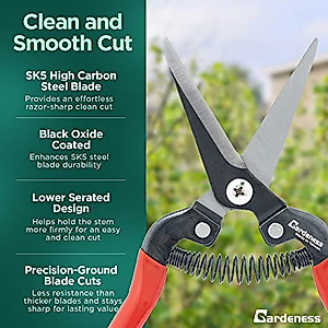 Gardeness Pruning Shear Straight Pruning Snip with SK5 Steel Serrated Blade, Adjustable Joint Screw Micro Tip Garden Scissor for Arranging, Trimming, Harvesting Fruit, Vegetables, Made in Taiwan