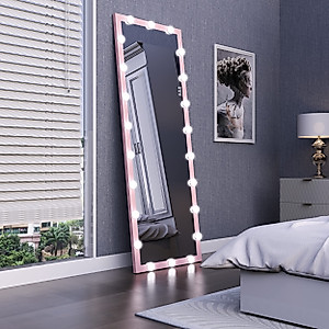 Tidyard Luxury Wall Standing Bedroom Hotel Full Length Mirror with LED Bulbs Touch Control Full Body Dressing Pink Hollywood Vanity Mirror with 3 Color Lights
