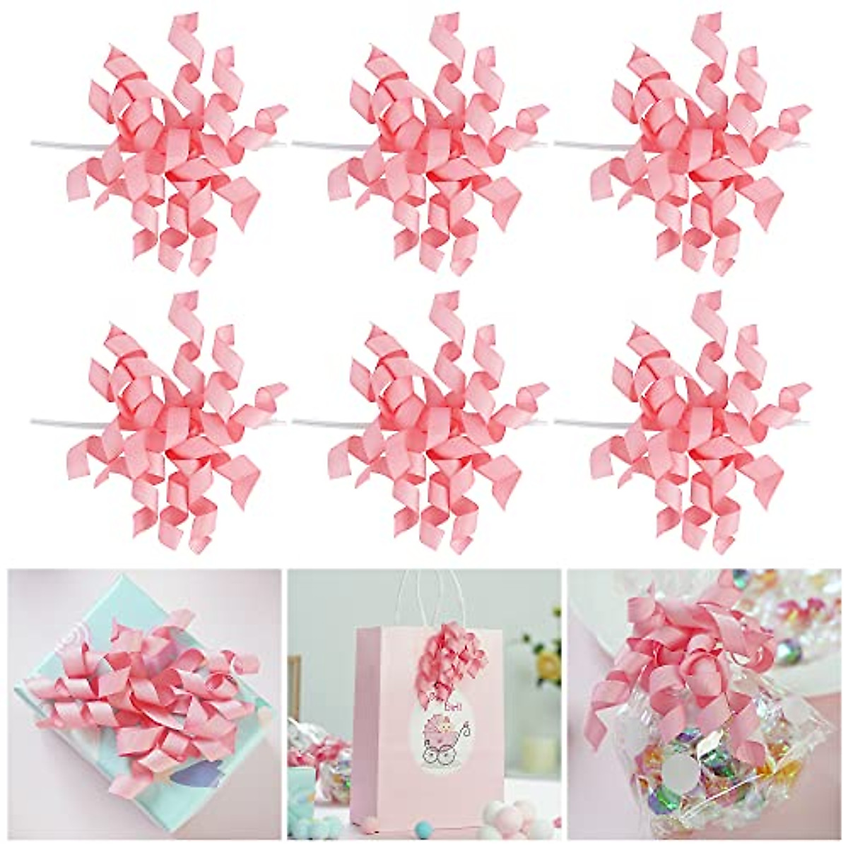 AIMUDI Pink Curly Bows 4" Valentine's Day Gift Bows Self Adhesive Baby Pink Bows for Baby Shower Twist Tie Bows for Treat Bags It is a Girl Gender Reveal Party Favors Decorations - 6 Counts