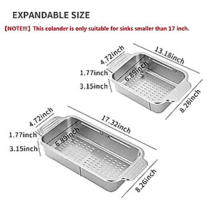 Choxila Extendable Over the Sink Colander Stainless Steel Strainer Basket - Wash Vegetables and Fruits, Drain Cooked Pasta and Dry Dishes - Extendable (8.3 W x 13.2-17.5 L x 3 H)