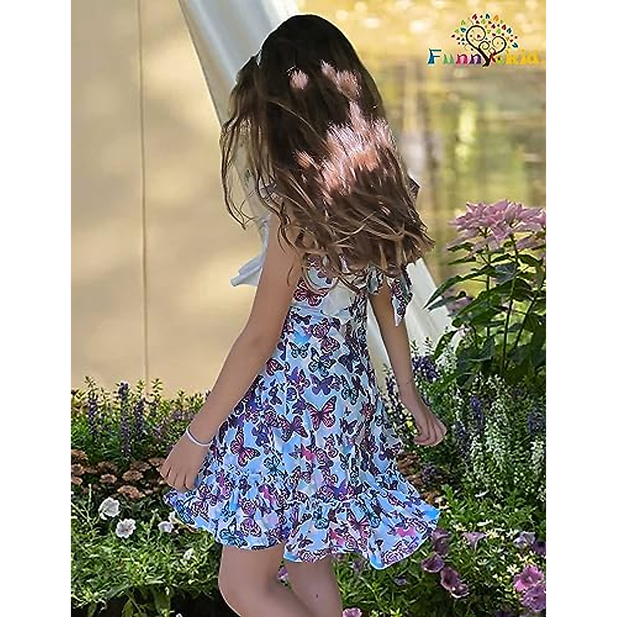 Funnycokid Girls Dresses Butterfly Outfits for Kid Size 8 9 Ruffle Sleeve Clothes Flutter Hem Sundress with Belt 8-9 Years