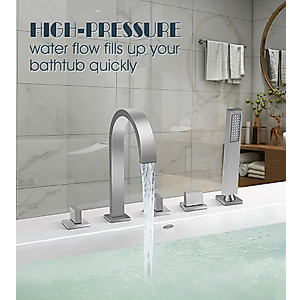 Roman Bathtub Faucet Set with Handheld Sprayer and Rough-in Valve Widespread Deck Mount 5 Hole Classic High Arch Tub Faucets Trim Kit 3 Handle with Diverter Lever Bath Tub Filler (Black)