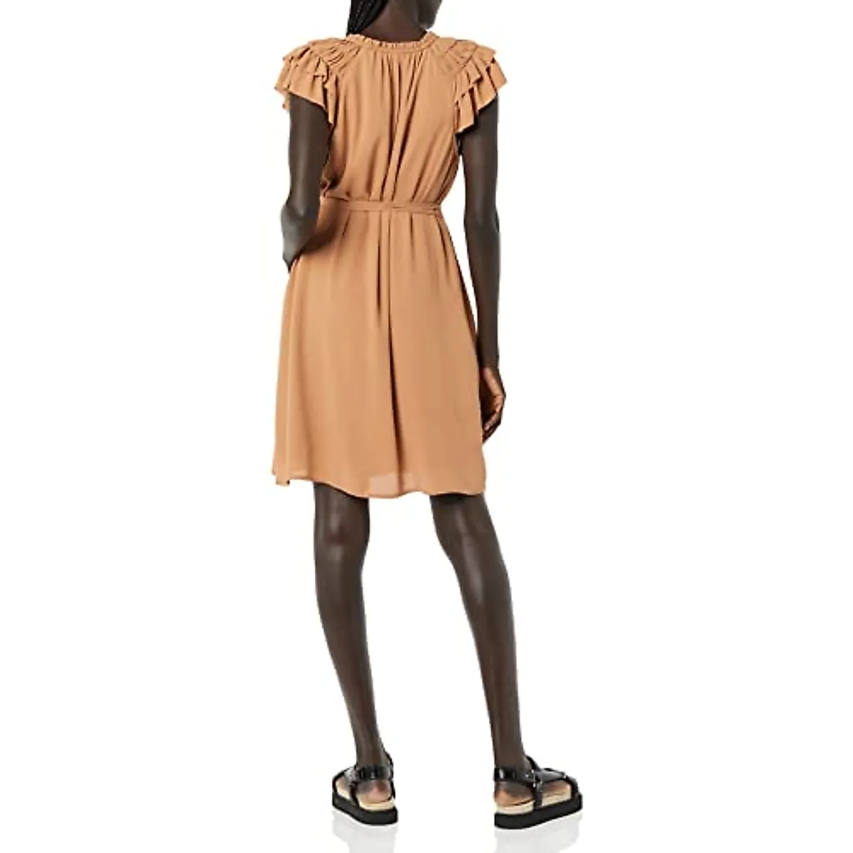 Amazon Essentials Women's Relaxed Fit Lightweight Georgette Split Neck Flutter Sleeve Shift Dress, Light Brown, Large