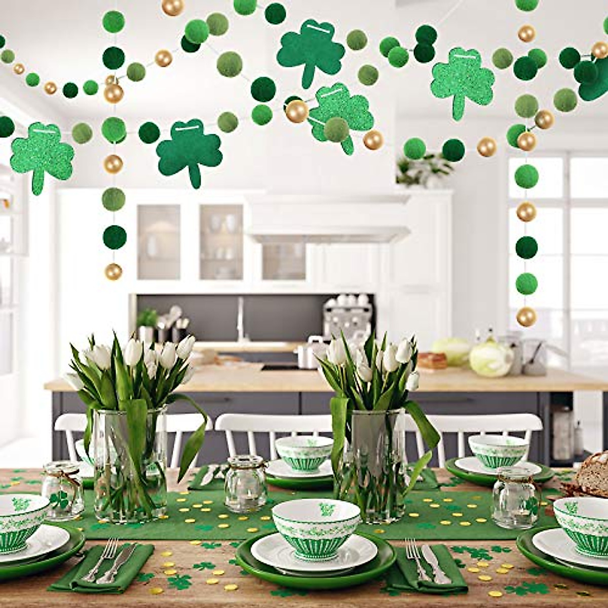 3 Pieces Pom Pom Garlands Felt Shamrock Clover Garlands Irish Wall Hanging Garlands Green Gold Felt Ball Garlands St. Patrick's Day Banner Decors for Irish St. Patrick's Day Indoor Outdoor Parties