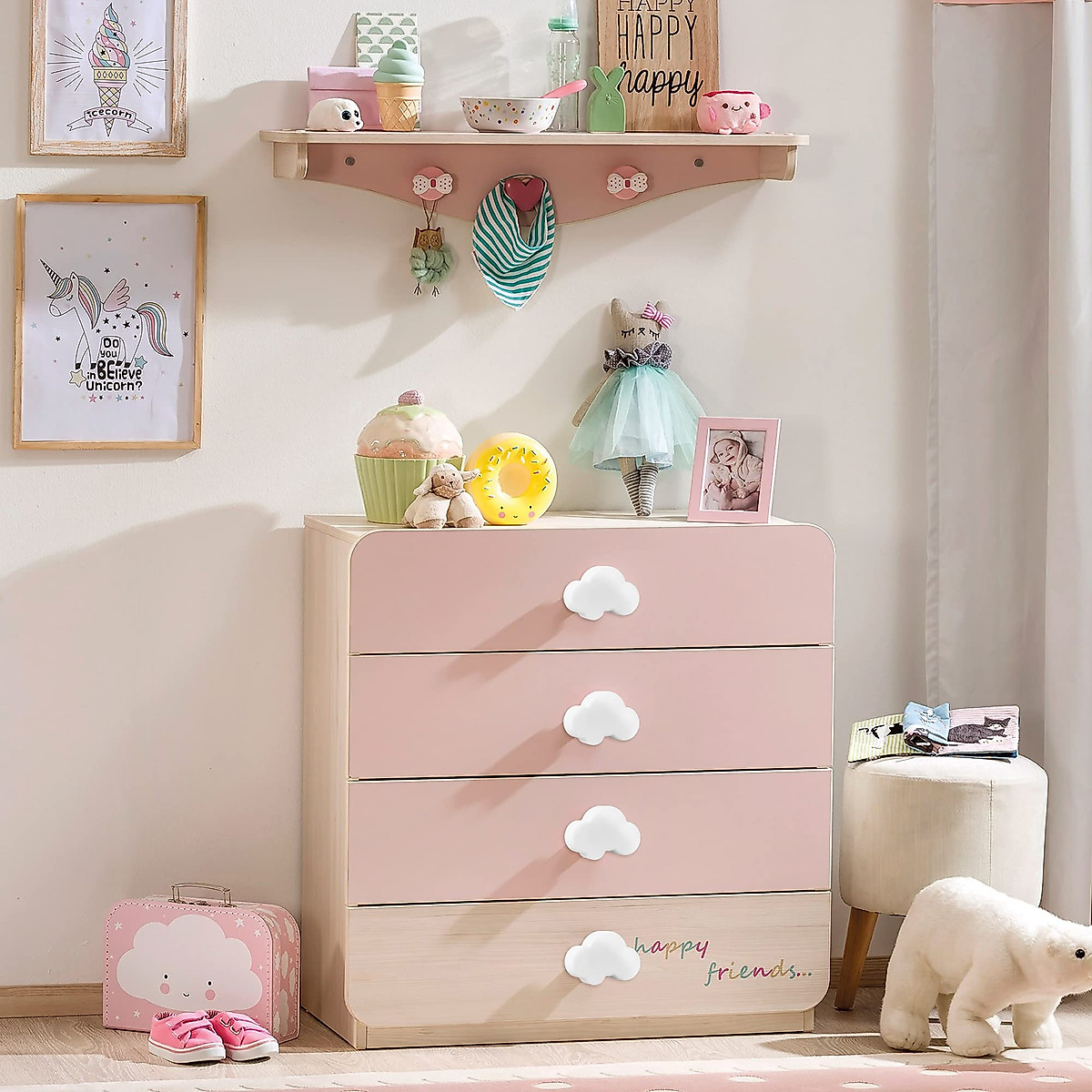 VIDELLY 8 Pieces Soft Rubber Knobs, Cartoon Cabinet Door Knobs Kids Dresser Knobs Handle for Children Room Drawer Closet, White