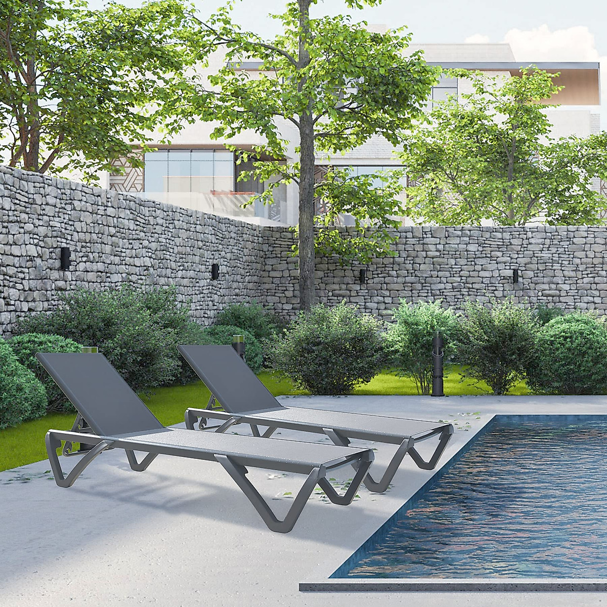 Domi Outdoor Chaise Lounge Set of 2,Pool Lounge Chair,Aluminum Sling Lounge Chairs for Outside with 5 Adjust able Positions (2 Grey Lounges W/O Table)