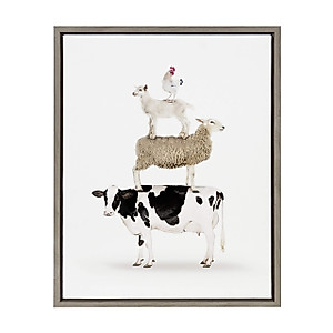 Kate and Laurel Sylvie Stacked Farm Animals Framed Canvas Wall Art By Amy Peterson, 18x24 Gray, Funny Farm Animal Wall Decor