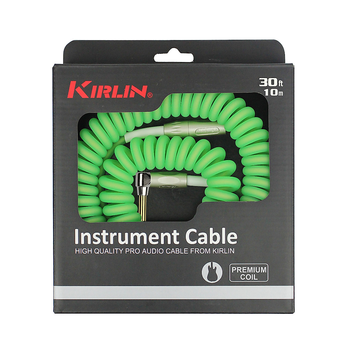 KIRLIN Cable Kirlin IMK-202PFGL-30/GRF-Straight to Right Angle ¼” Premium Coil Instrument Cable, Green Translucent PVC Jacket-30ft, 1/4" Mono Plug, (IMK-202PFGL-30/GRF)