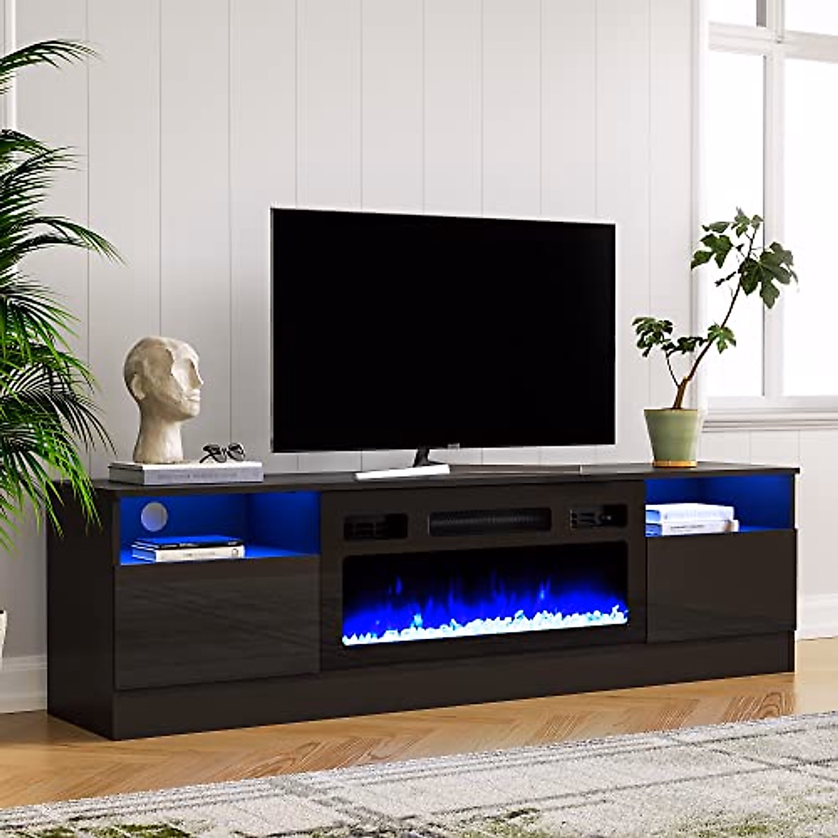 Cozy Castle Fireplace TV Stand for 75 inch TV, LED TV Entertainment Center with 30" Electric Fireplace, High Gloss Modern Television Stand, Black