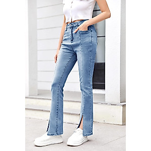 Jauoop Women's High Waist Bootcut Jeans Split Hem Straight Leg Skinny Denim Pants with Pockets Light Blue