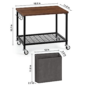 ETELI Printer Stand 2 Tier Small Mobile Printer Table Cart with Storage Bag and Wheels Wood Desktop Rolling Printer Cart with Metal Hooks for Home Office Fax Machine Scanner, Brown