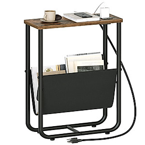 YATINEY Narrow End Table with Charging Station, Slim Side Table with Storage, Skinny End Table with Magazine Holder, Narrow End Table, Nightstand for Bedroom, Living Room, Rustic Brown ET05BR