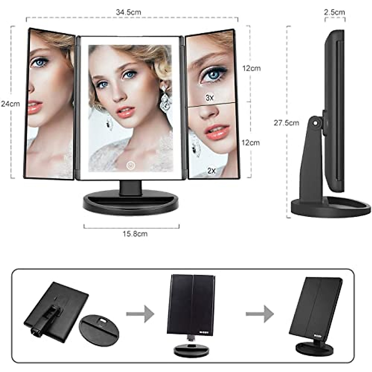 WEILY Lighted Vanity Makeup Mirror 1x/2x/3x Magnification Trifold with 36 LED Lights Touch Screen and USB Charging, 180 Degree Adjustable Stand for Countertop Cosmetic Makeup Mirror(Black)