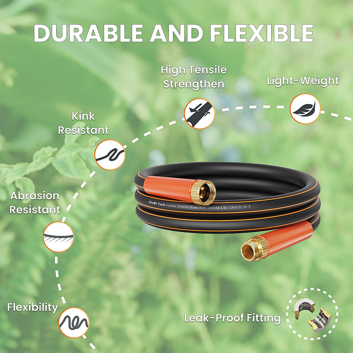 Giraffe Tools Garden Hose 25ft x 3/4", Heavy Duty Water Hose, Flexible, Hybrid Lightweight Hose with Swivel Handle, Male to Female Fittings, Burst 600 PSI
