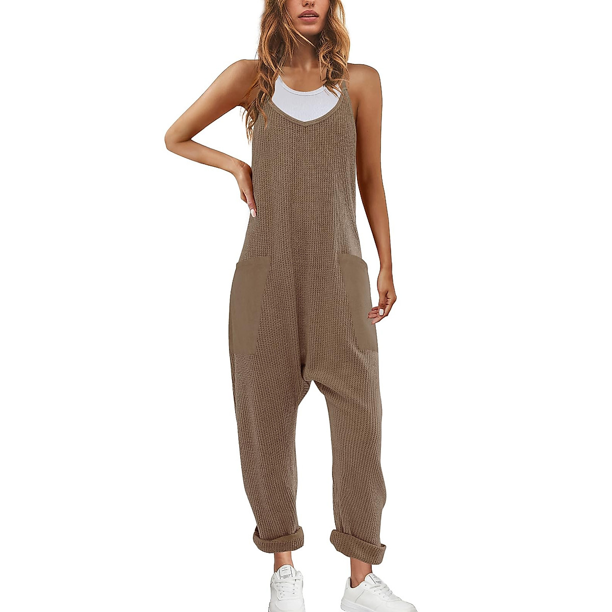 Nirovien Womens Waffle Knit Jumpsuits Oversized One Piece Romper Sleeveless Onesie with Pockets Fall Overalls(Dusty Khaki,L)