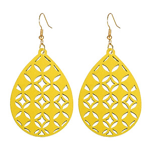 SMALLLOVE Bohemian Wooden Hollow African Earrings for Women Natural Light Weight Wood Teardrop Drop Dangle Hook Earrings (yellow)