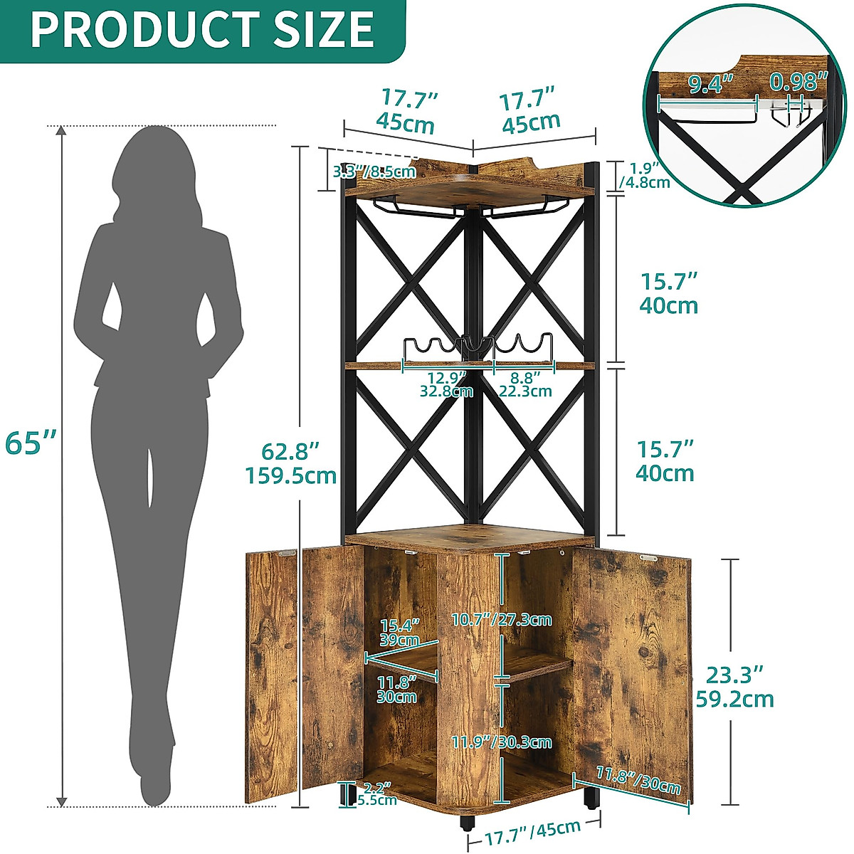 YITAHOME Corner Bar Cabinet with Glass & Wine Holder, Industrial Corner Shelf with Wine Storage, 5-Tiers Liquor Cabinet Bar for Home/Living Room/Kitchen, Rustic Brown