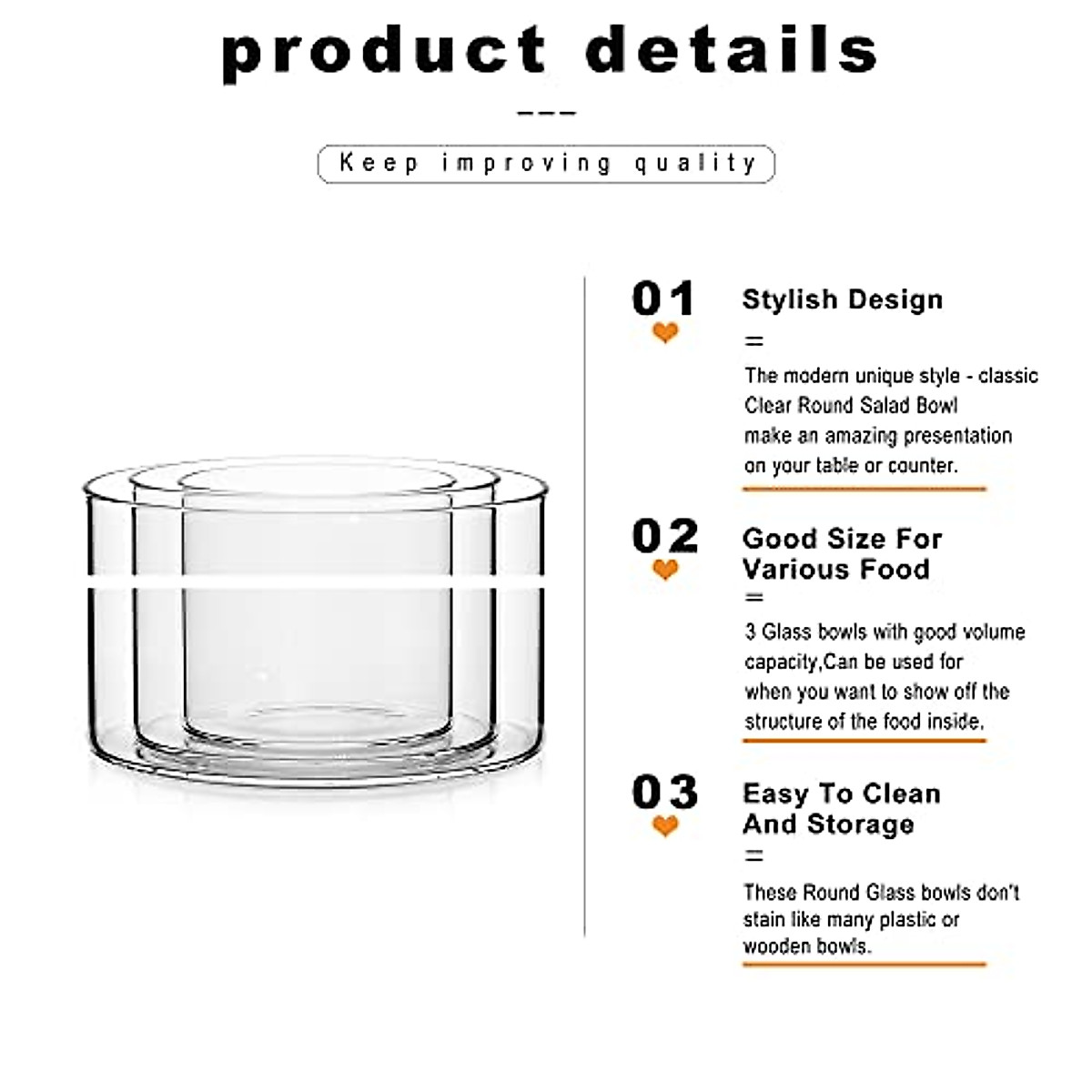 LUXU Glass Salad Bowl Set of 3 Glass,1 of 46OZ Salad Bowl,1 of 29 OZ Mixing bowl,1 of 15 OZ Fruit Bowl