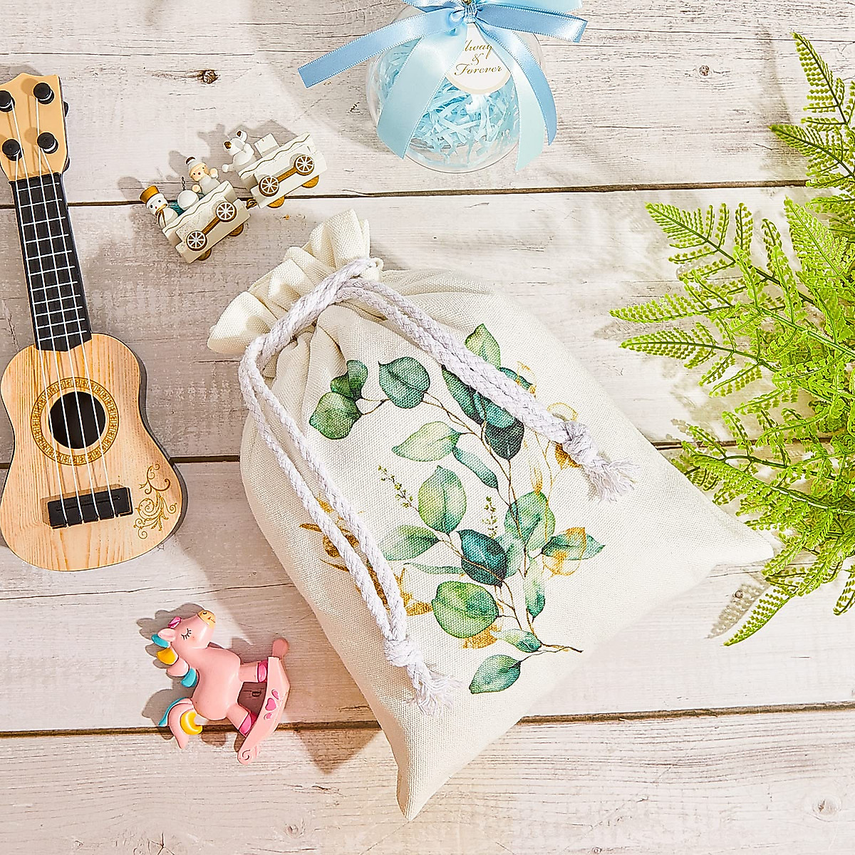 2 Pack Baby Shower Bags Boho Gift Bags Drawstring Greenery Fabric Floral Bags Canvas Gift Bags 20 Inch Large 12 Inch Small Reusable Gift Wrap Bags for Baby Shower Gender Reveal Birthday Party Favors