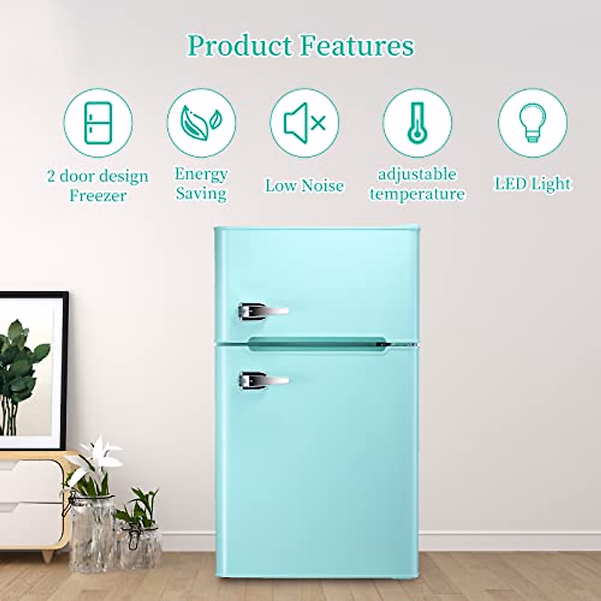 Kndko Compact Refrigerator 3.2 CU.FT. Fridge with Freezer - Dual Door Fridge - Adjustable Temperature, Energy Saving - Retro Refrigerator (Green)