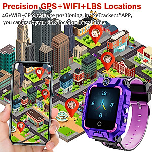 OKYUK 4G Kids Watch Phone T10, Funny 360° Rotation Screen Dual Camera Smart Watch for Boys Girls, IP67 Waterproof, 2-Way Calls, GPS, SOS, Video Calls, Remote Control, Pedometer Smartwatch (Purple)