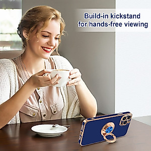 Hython for iPhone 13 Pro Max Case with Ring Stand [360°Rotatable Ring Holder Magnetic Kickstand] [Plated Rose Gold Edge] Slim Soft TPU Cover Luxury Protective Phone Case for Women Men, Blue