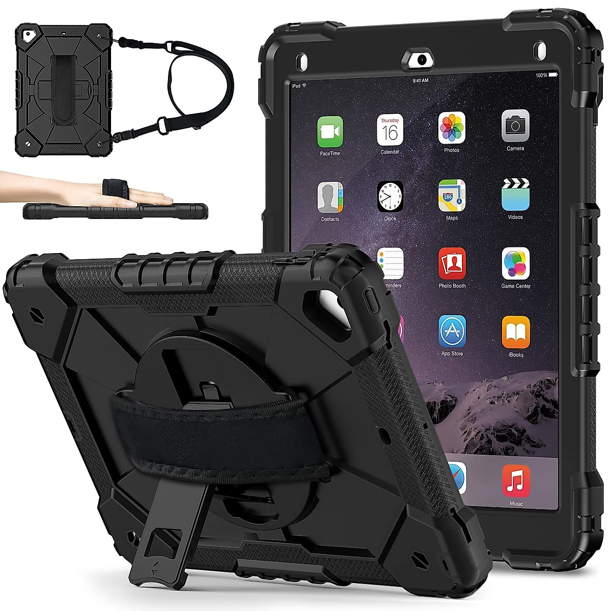 Nitupai Case for iPad 6th Generation Cases iPad 5th Generation Case iPad Pro 9.7 Case,Hybrid Shockproof Rugged Case Cover with 360°Rotatable Hand/Shoulder Strap & Stand for iPad Air 2 Case Black Blue
